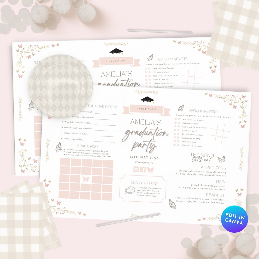Pink Graduation Game Menu Placemat, Boho Floral Graduate Party Menu ...