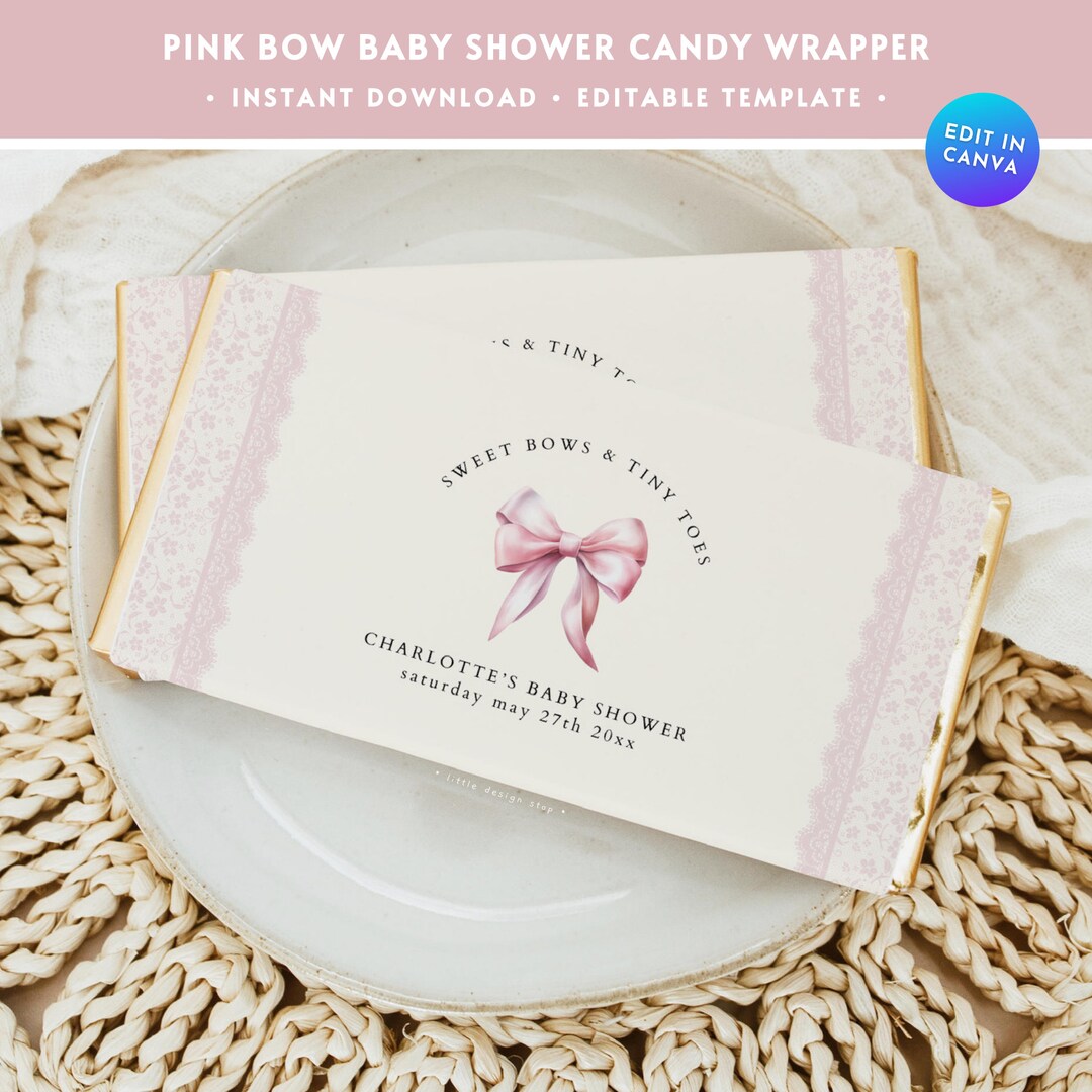 Pink Bow Baby Shower Chocolate Bar Wrapper, Pink Ribbon Coquette Baby ...