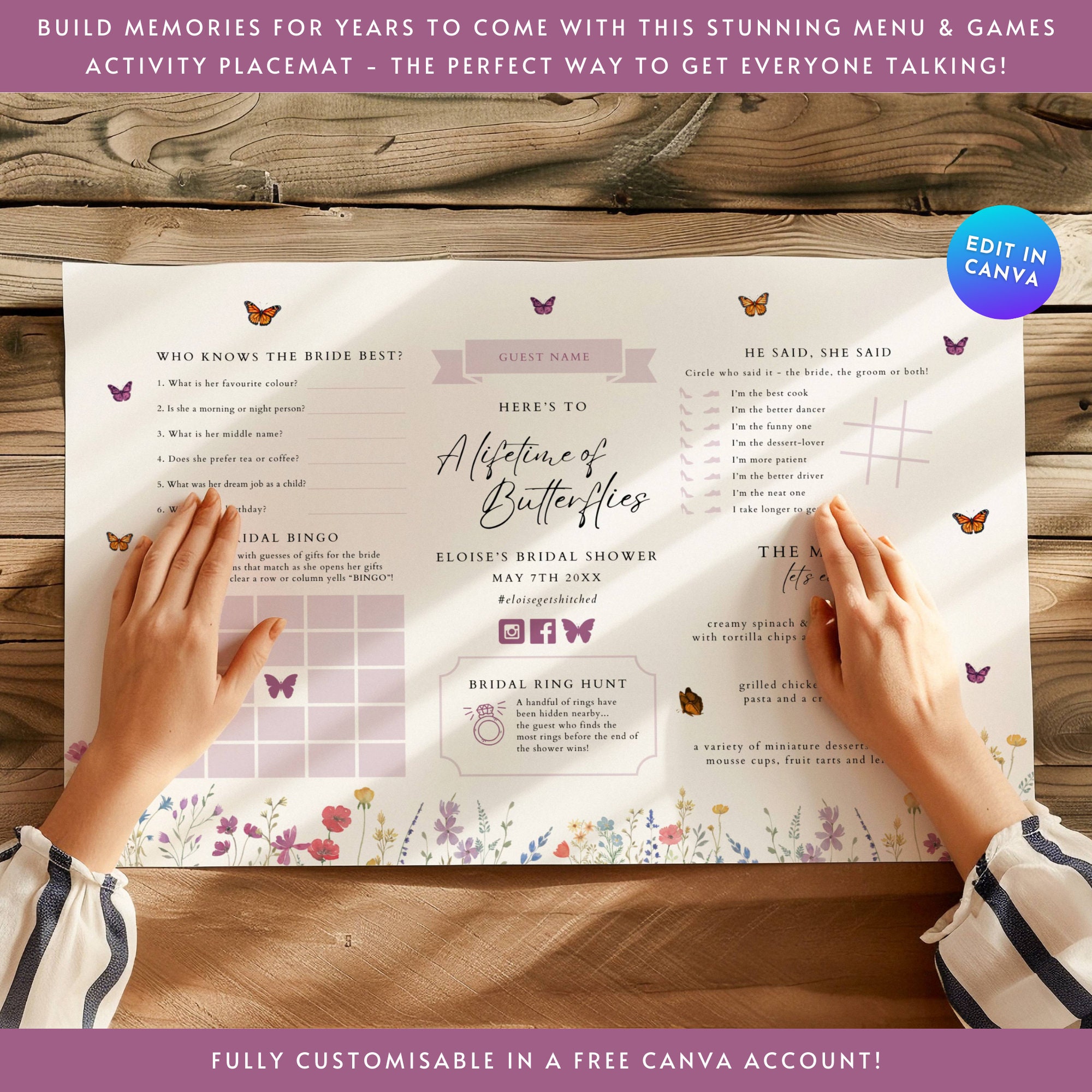 Butterfly Bridal Shower Game Menu Placemat, Purple Wildflower ...