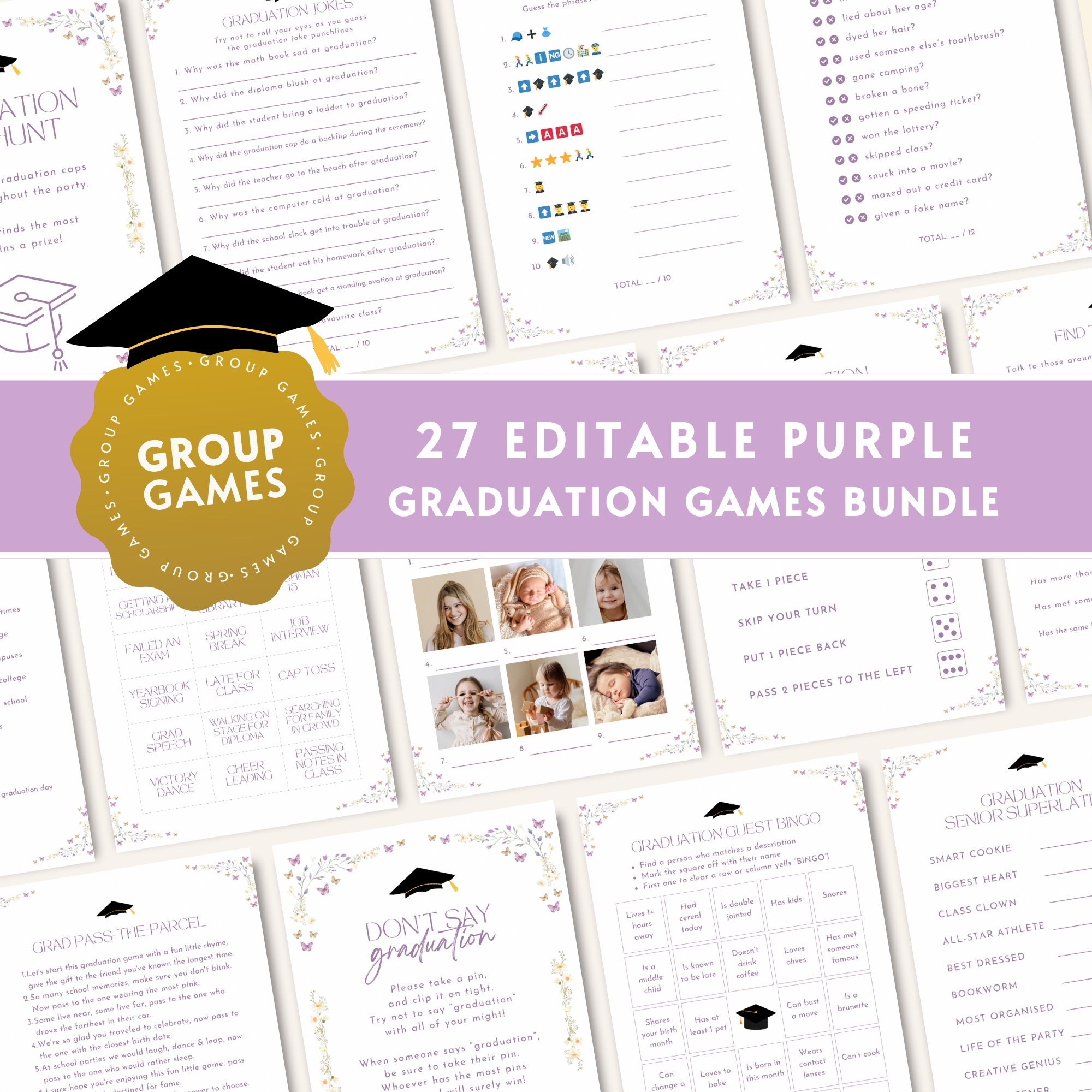 Purple Graduation Party Game Bundle, Editable Floral Class of 2024 ...