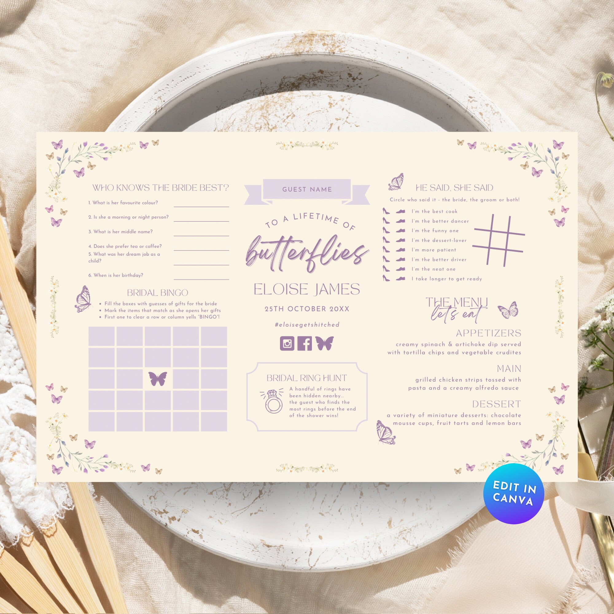 Butterfly Bridal Shower Menu Placemat, Purple Lilac Bachelorette Hen ...