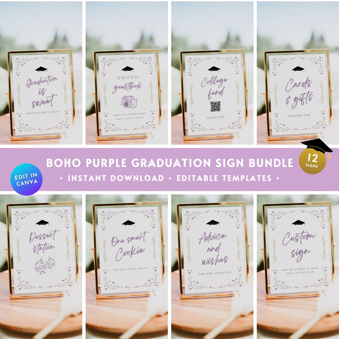 Boho Graduation Table Sign Bundle Template, Editable Purple Floral ...