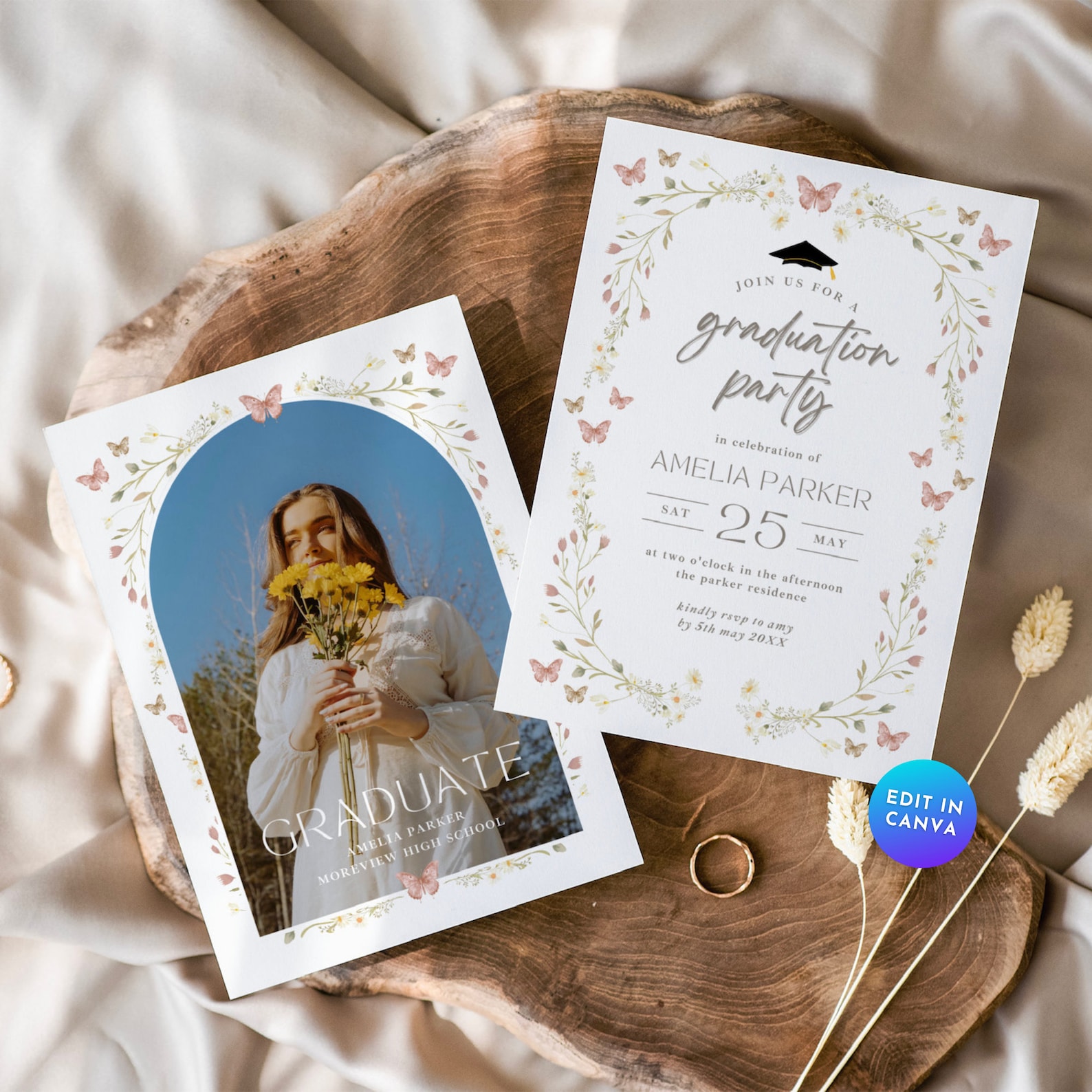 Wildflower Boho Graduation Invitation, Personalised Photo Pink Graduate ...