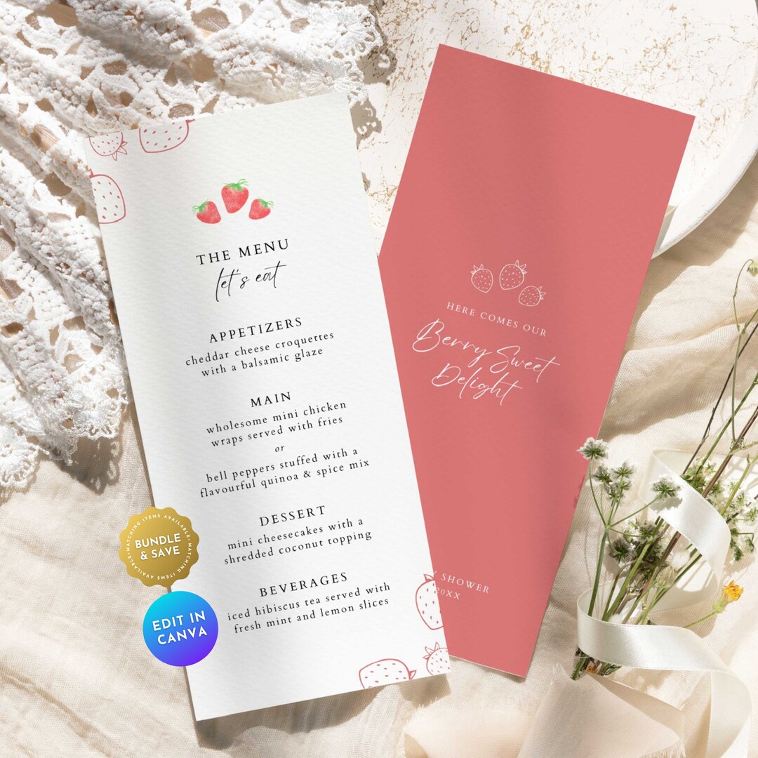 Sweet Berry Baby Shower Menu Card, Strawberry Summer Baby Party Decor ...