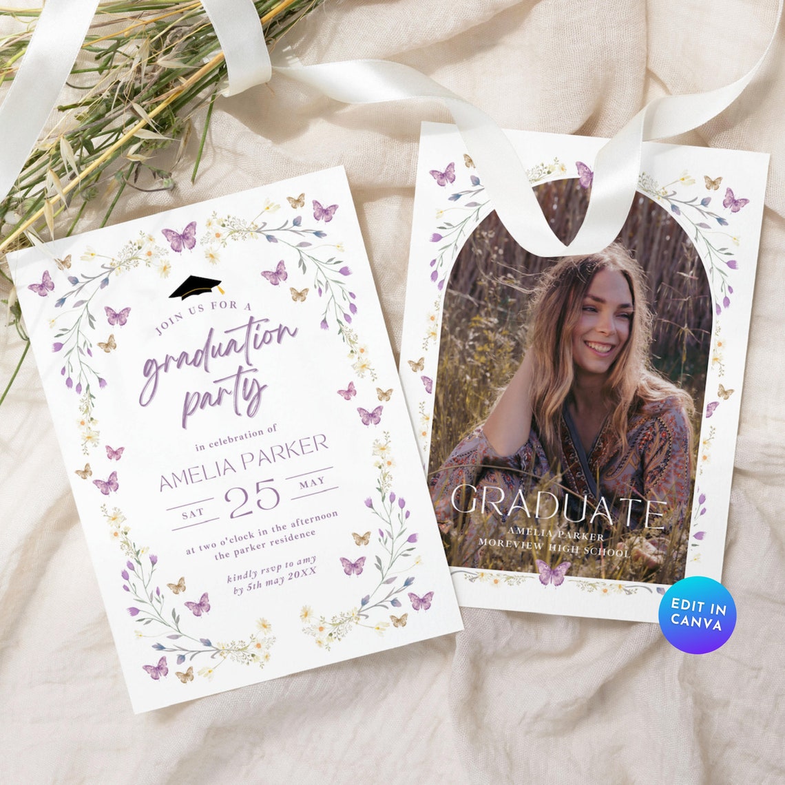 Lilac Butterfly Graduation Invitation, Photo Purple Graduate ...