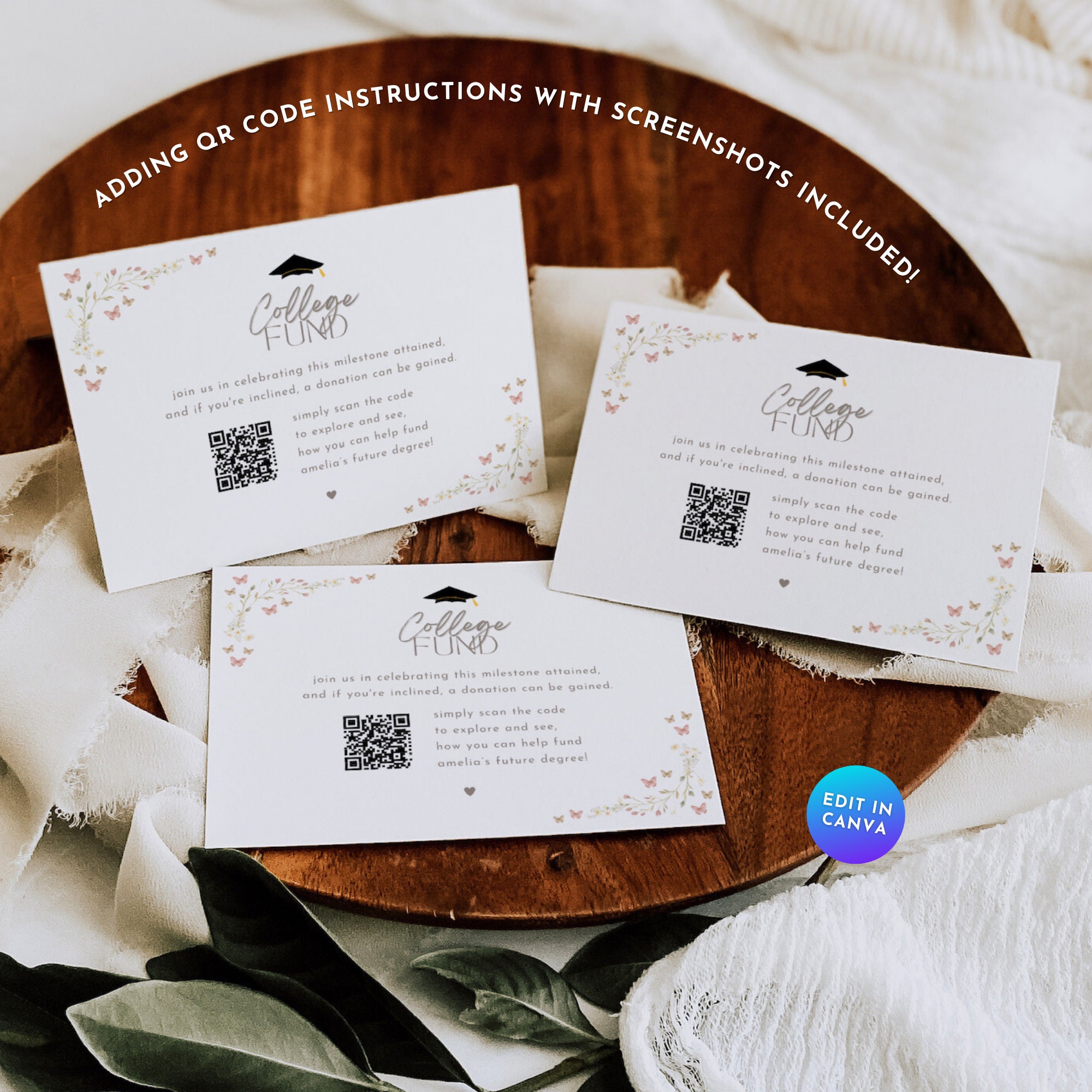 QR Code College Fund Graduation Insert, Pink Floral Graduate Donation ...