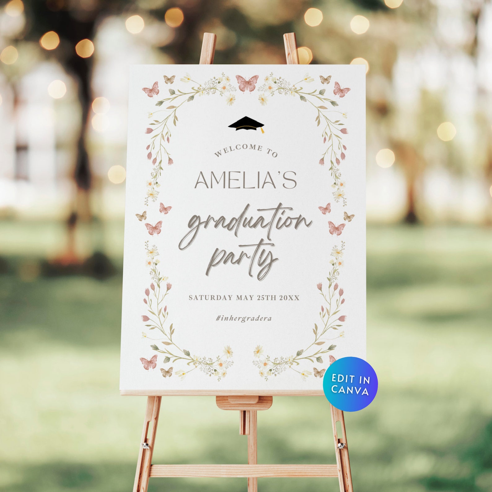 Boho Graduation Welcome Sign, Pink Wildflower Butterfly Graduate Yard ...