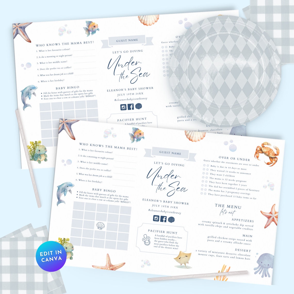 Ocean Baby Shower Game Menu Placemat,under the Sea Boy Baby Party Menu ...