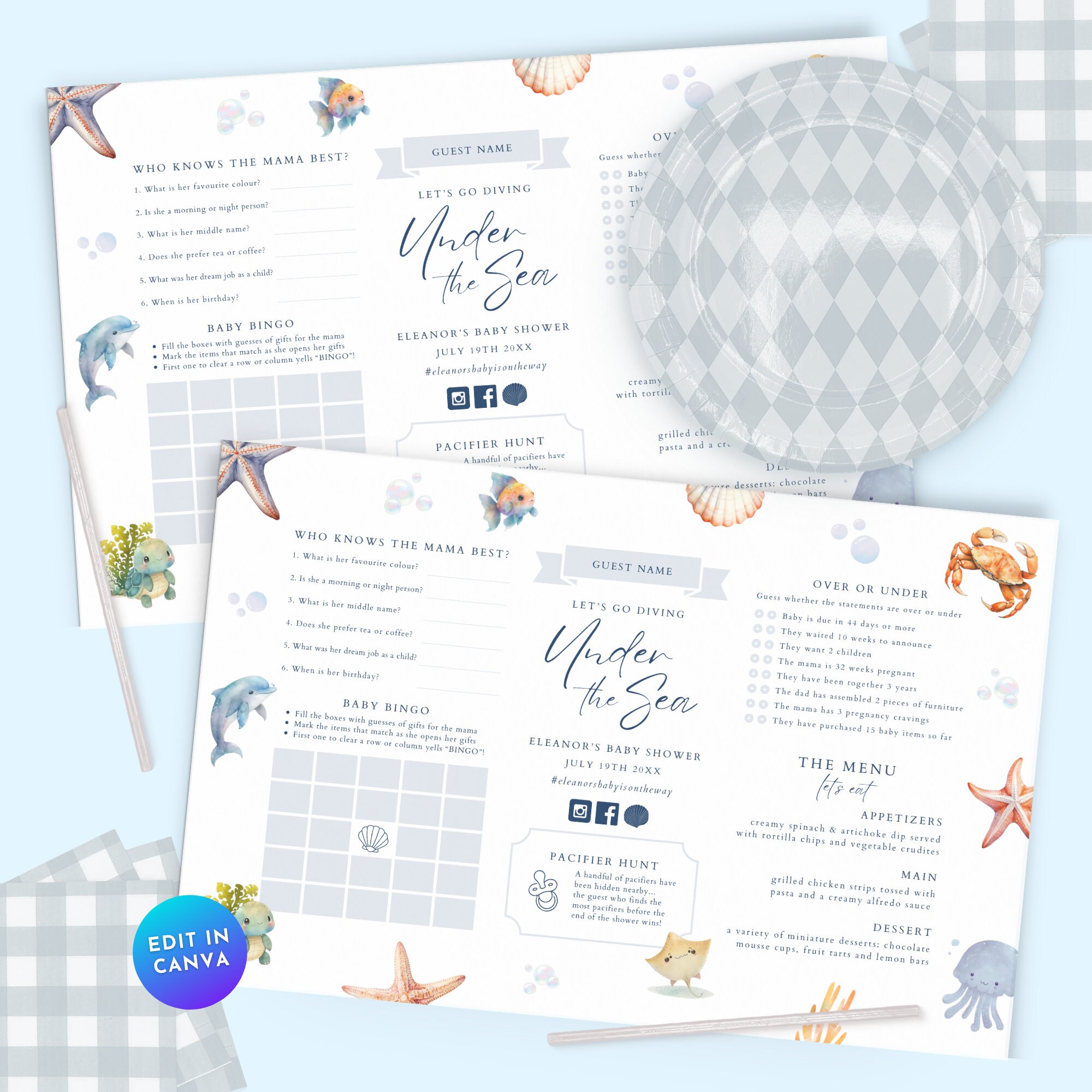 Ocean Baby Shower Game Menu Placemat,under the Sea Boy Baby Party Menu ...
