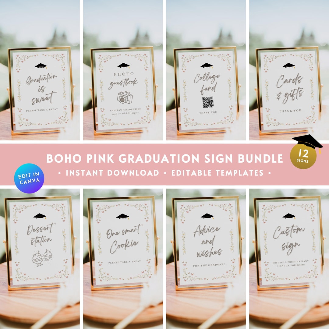 Floral Graduation Table Sign Bundle Template, Class of 2025 Boho Pink ...
