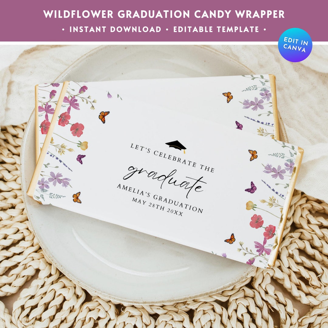 Graduation Chocolate Wrapper Wildflower, Editable Purple Graduate Candy ...