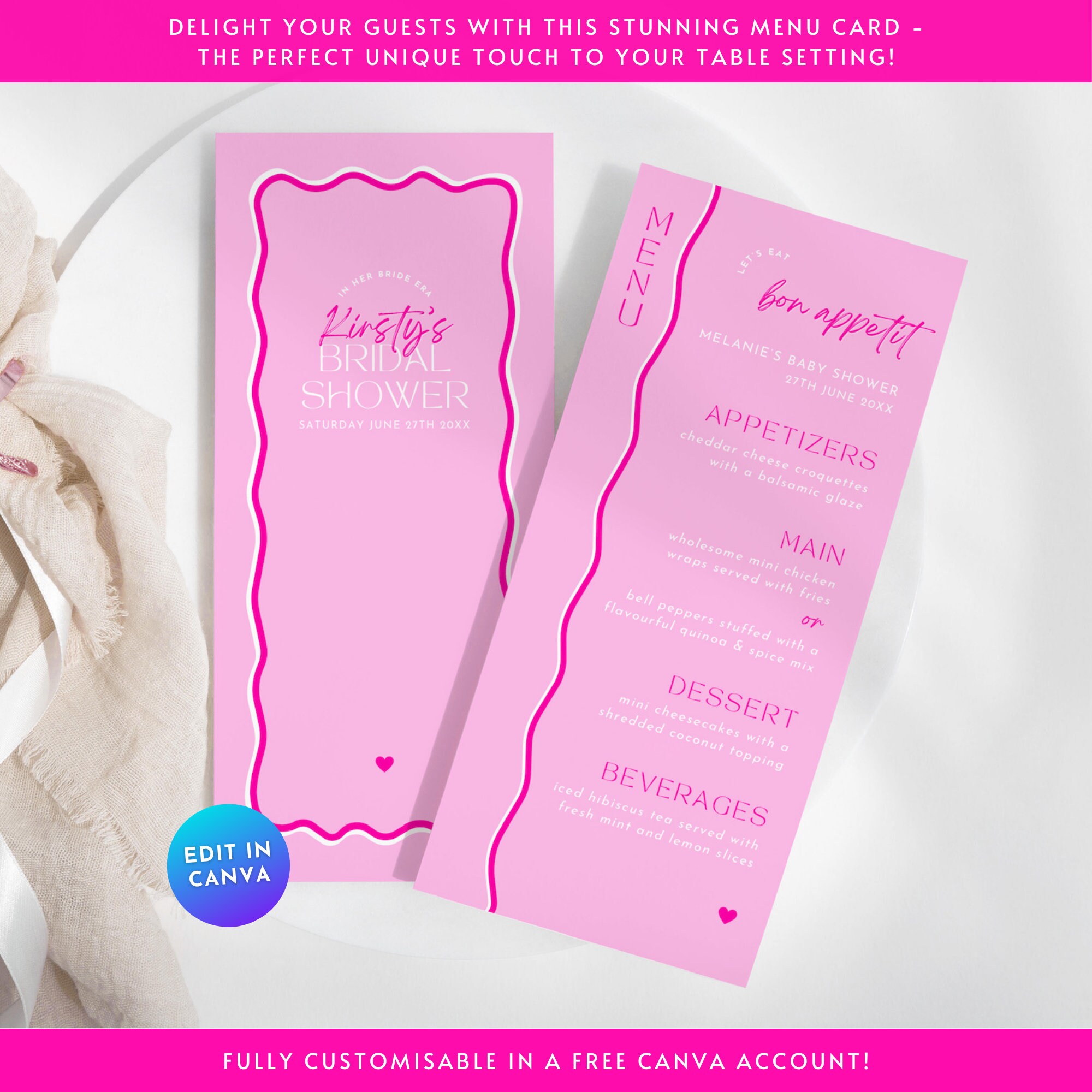 Retro Bridal Shower Menu Card, Disco 70s Pink Wavy Bachelorette Hen ...