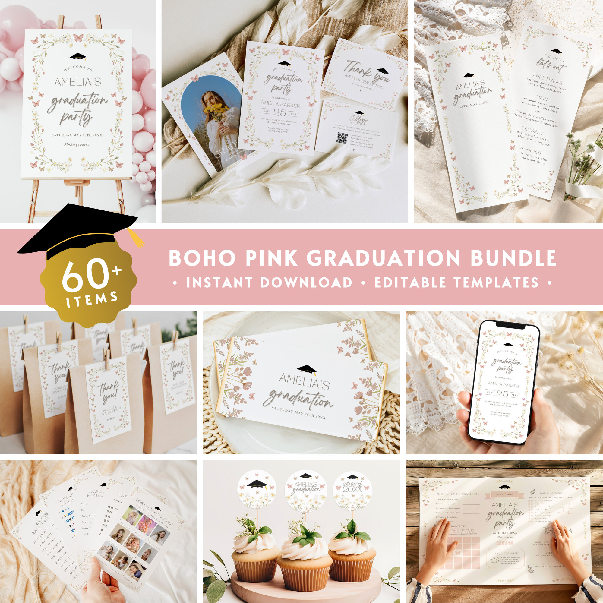 60+ Boho Pink Graduation Bundle, Floral Graduate Party Decor Set ...