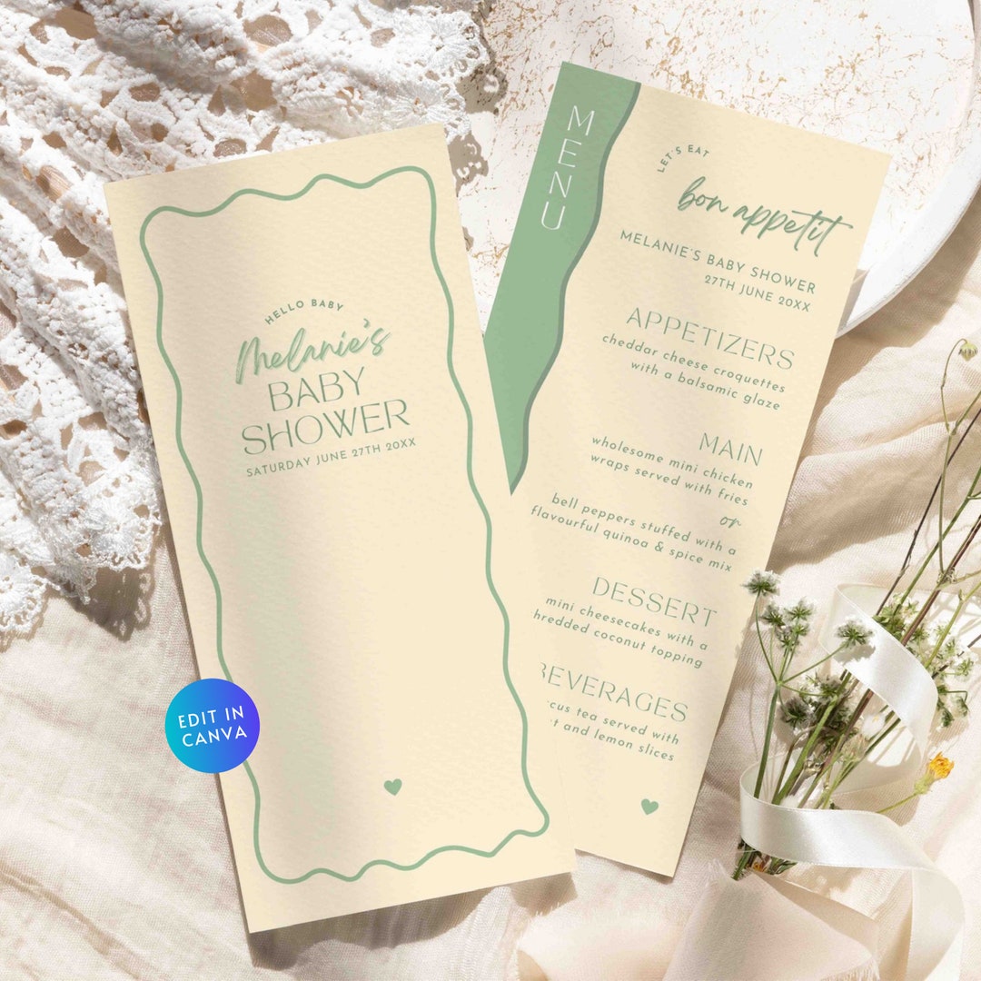 Sage Green Menu Baby Shower, Minimalist Editable Boho Wavy Retro Modern ...