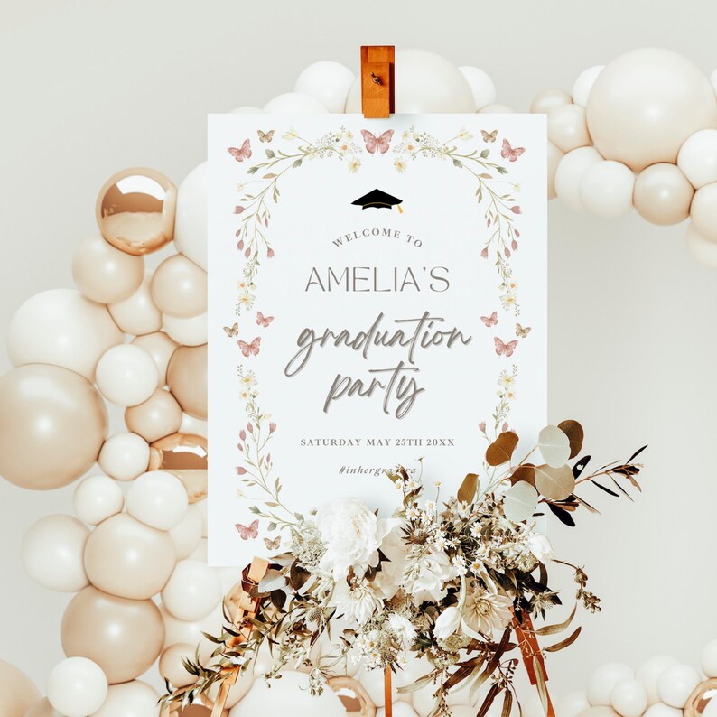 Boho Graduation Welcome Sign, Pink Wildflower Butterfly Graduate Yard ...