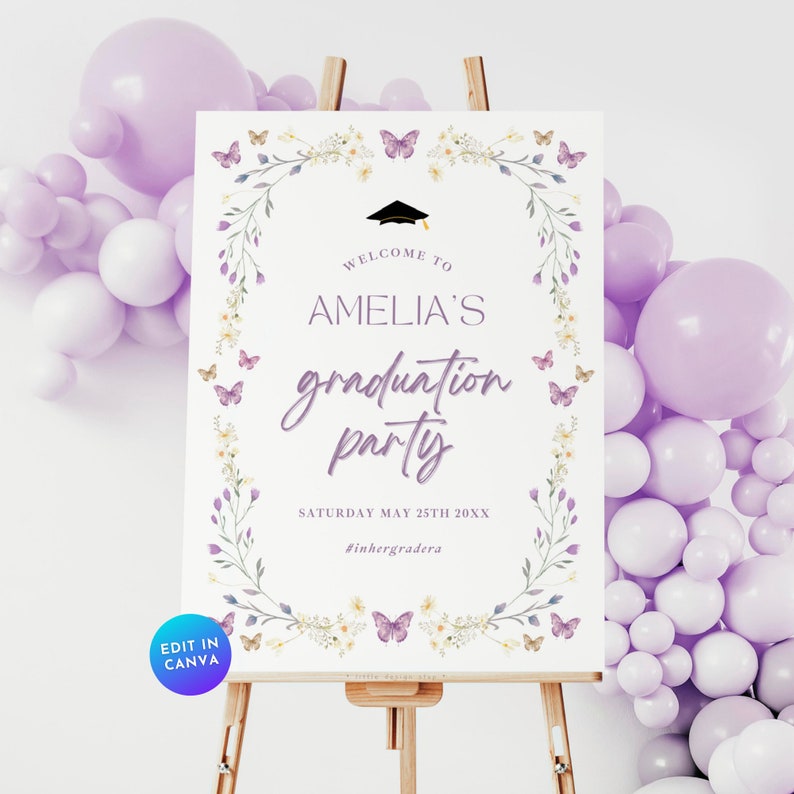 Butterfly Graduation Welcome Sign, Purple Lilac Wildflower Graduate ...