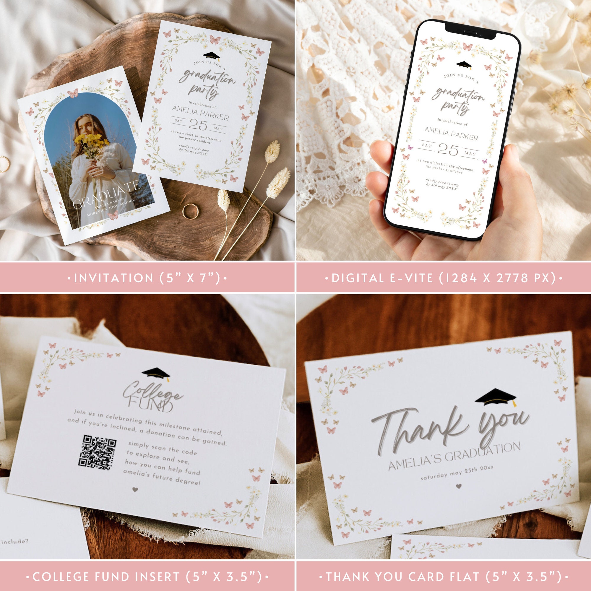 Wildflower Boho Graduation Bundle, Photo Pink Butterfly Graduate ...