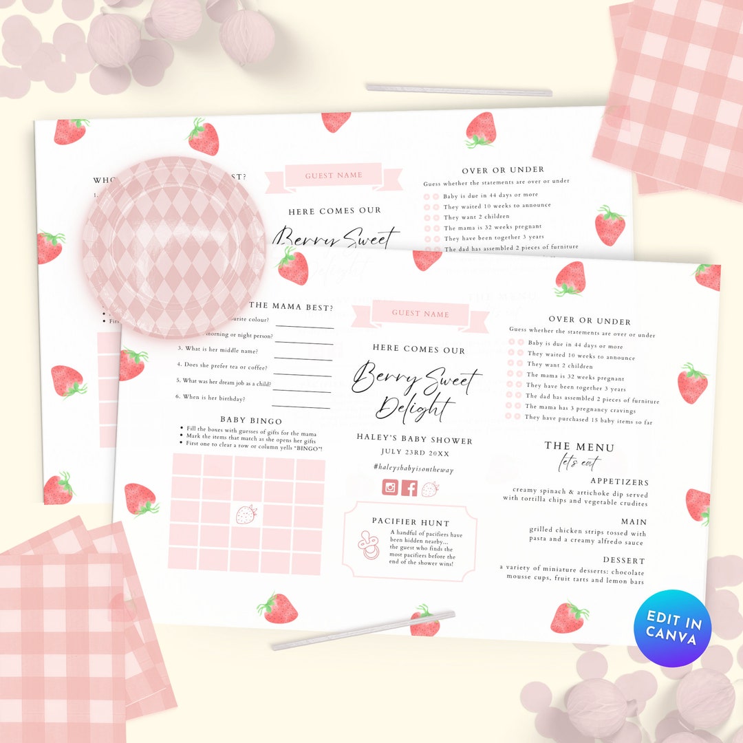Berry Sweet Baby Shower Game Menu Placemat, Red Pink Strawberry Baby ...