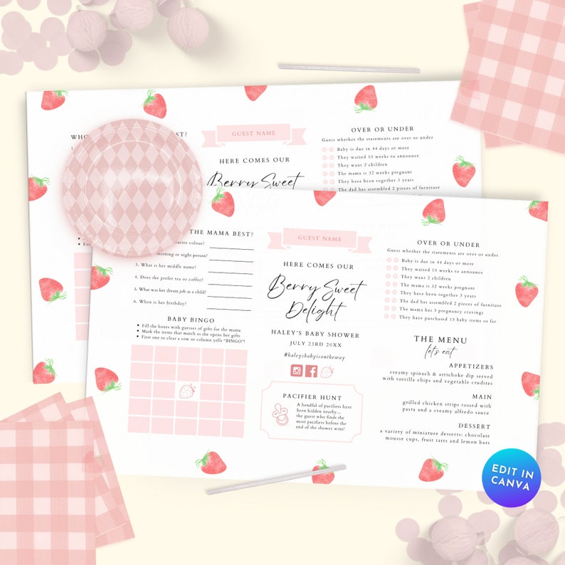 Berry Sweet Baby Shower Game Menu Placemat, Red Pink Strawberry Baby ...