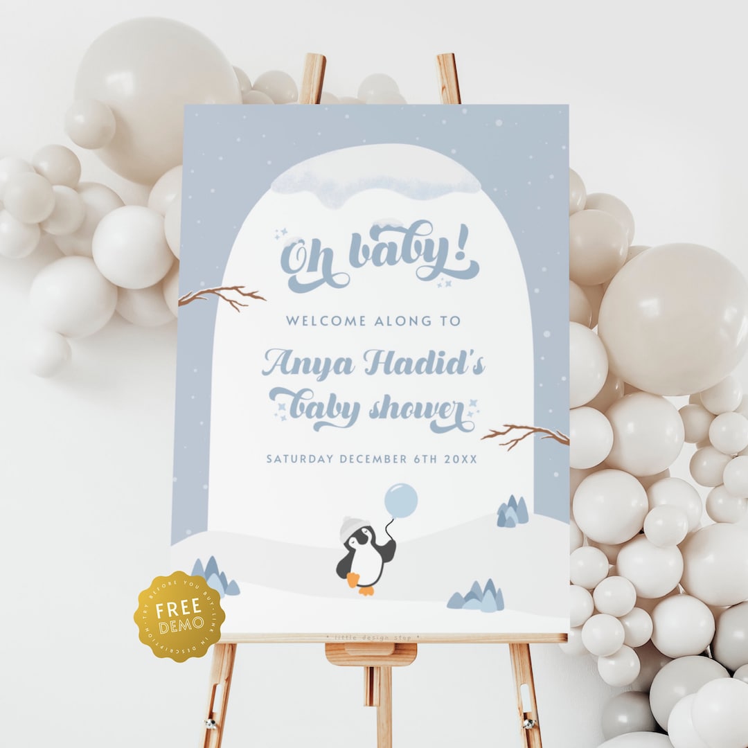 Winter Penguin Welcome Sign Baby Shower, Editable Winter Wonderland ...
