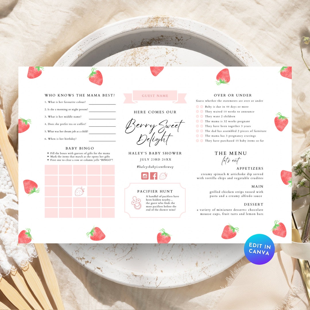 Berry Sweet Baby Shower Game Menu Placemat, Red Pink Strawberry Baby ...
