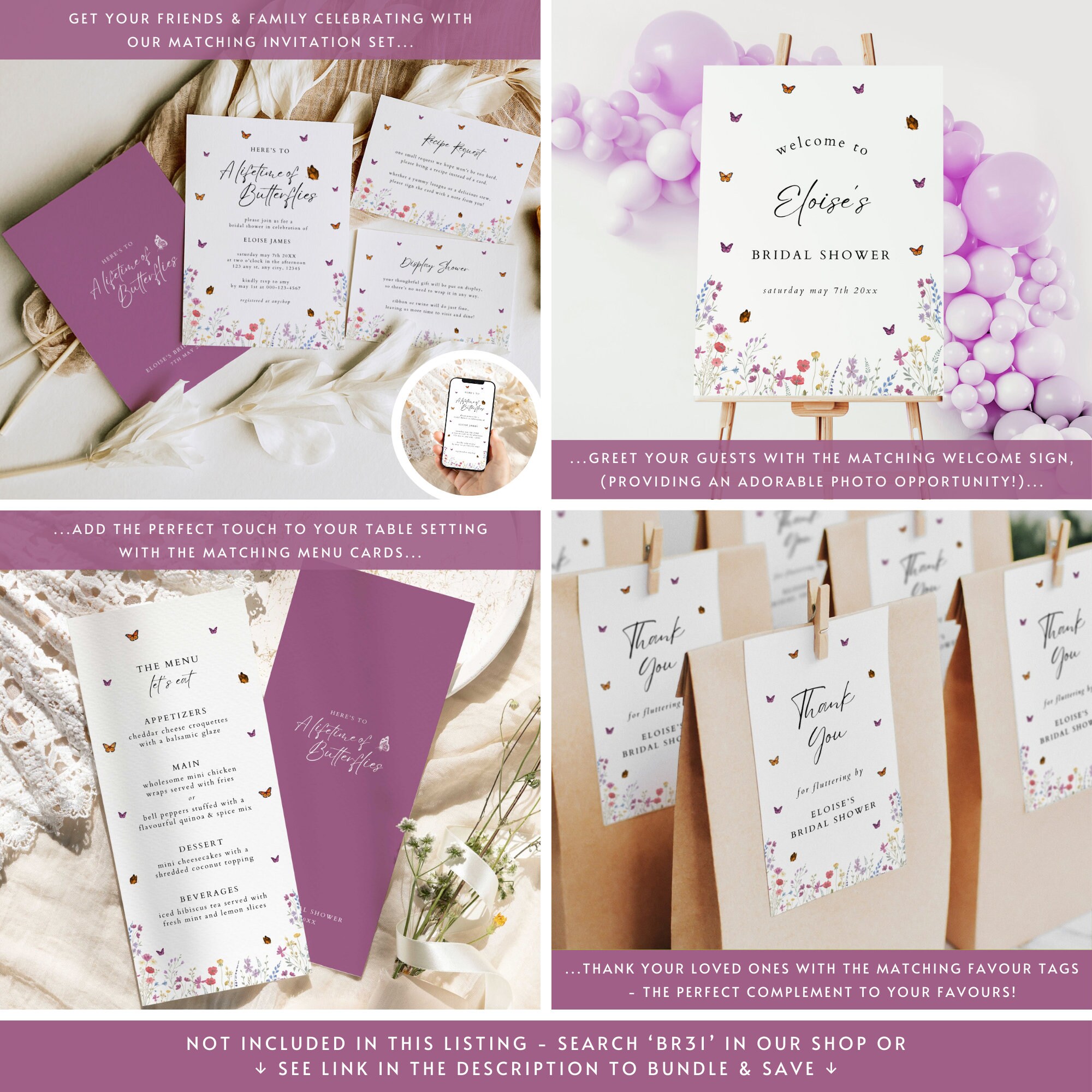 Butterfly Bridal Shower Game Menu Placemat, Purple Wildflower ...