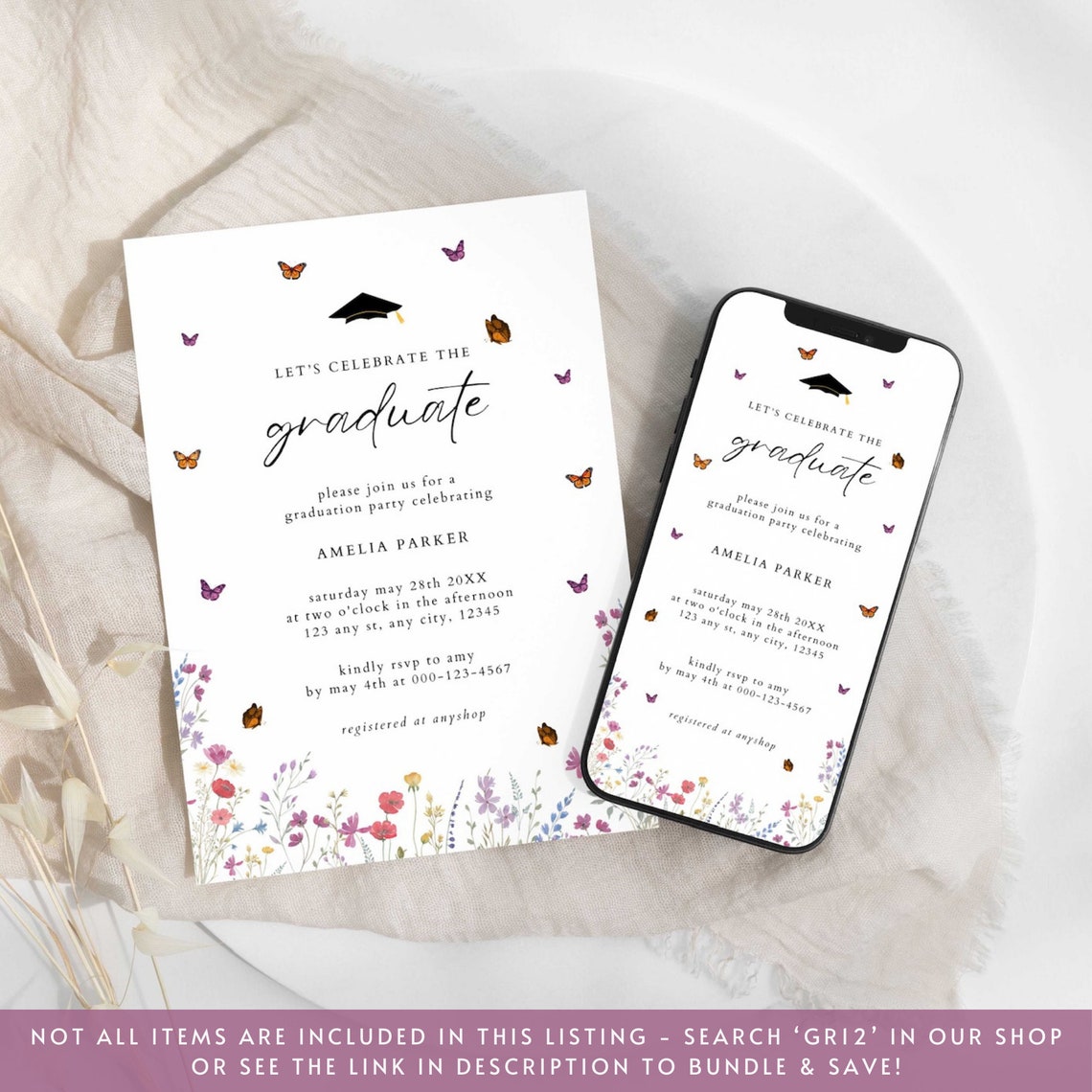 Wildflower Butterfly Graduation Invitation, DIY Photo Purple Graduate ...