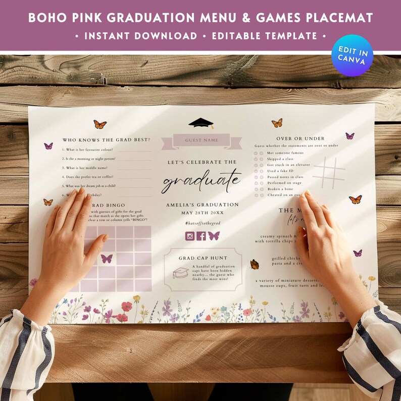Wildflower Graduation Game Menu Placemat, Purple Boho Floral Graduate ...