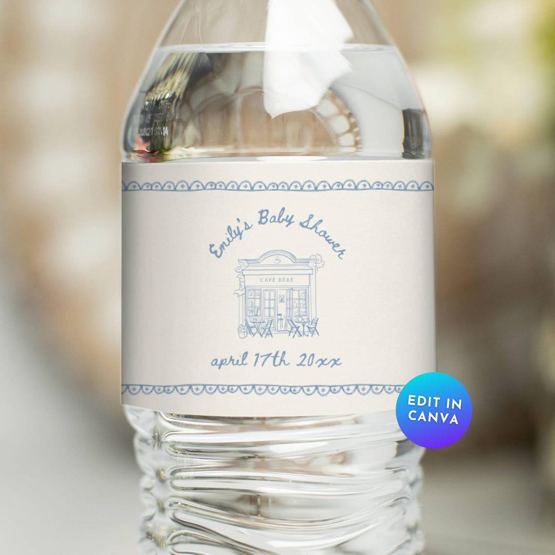 Blue Baby is Brewing Baby Shower Water Bottle Label, Editable Cafe Bebe ...