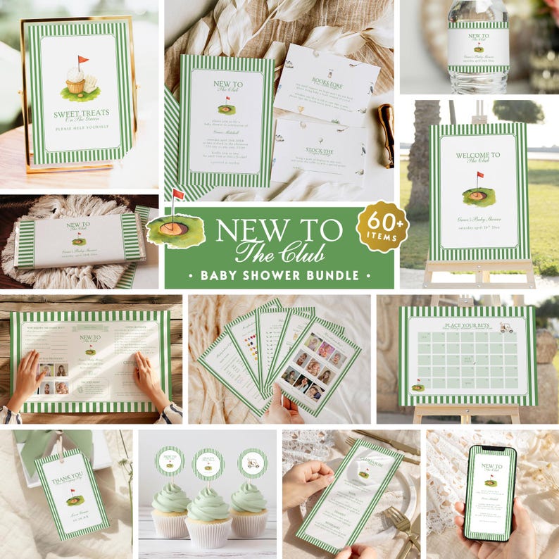 60+ New to the Club Baby Shower Bundle, Green Stripe Masters Golf Baby ...