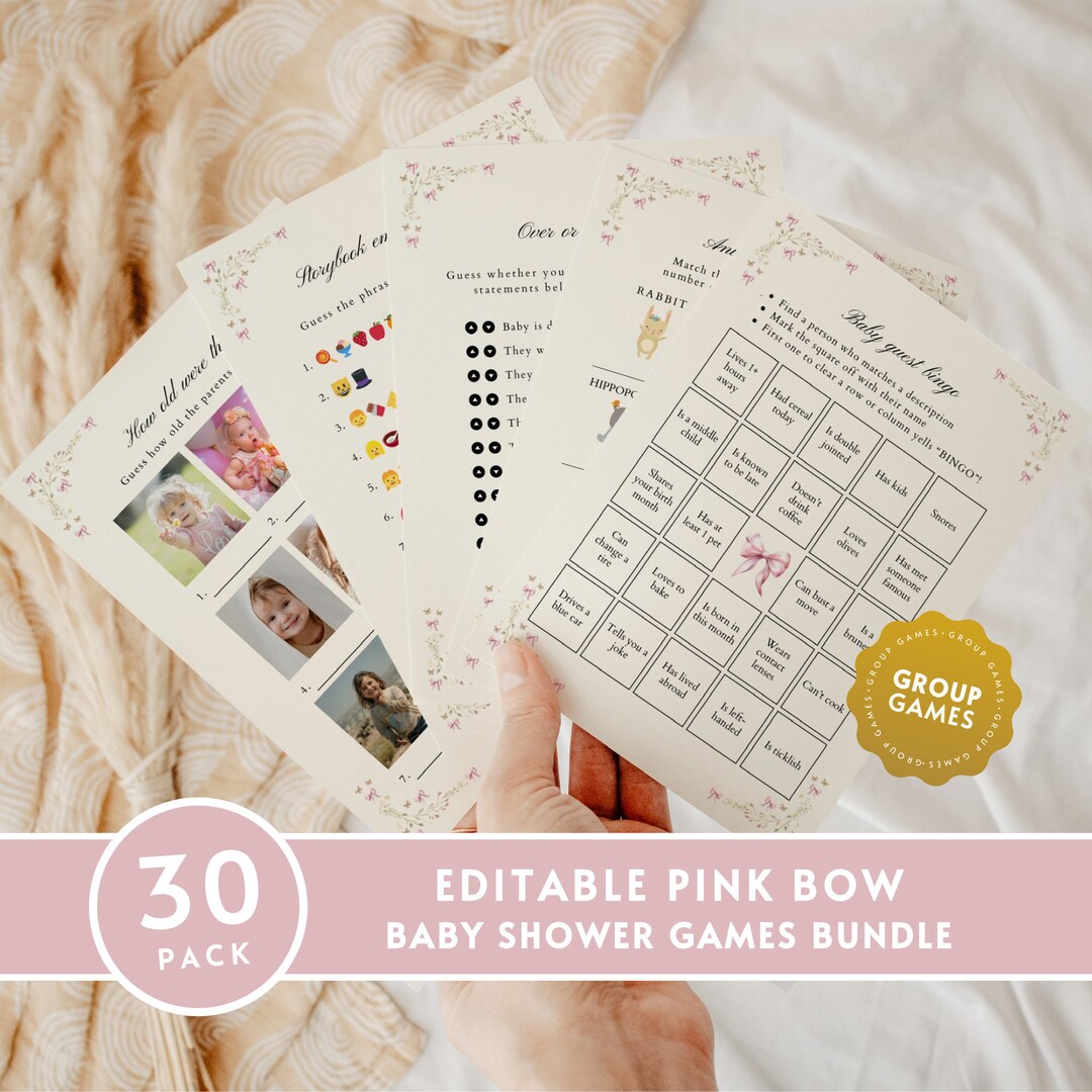 Pink Bow Baby Shower Game BUNDLE, Editable Coquette Lace Ribbon Baby ...