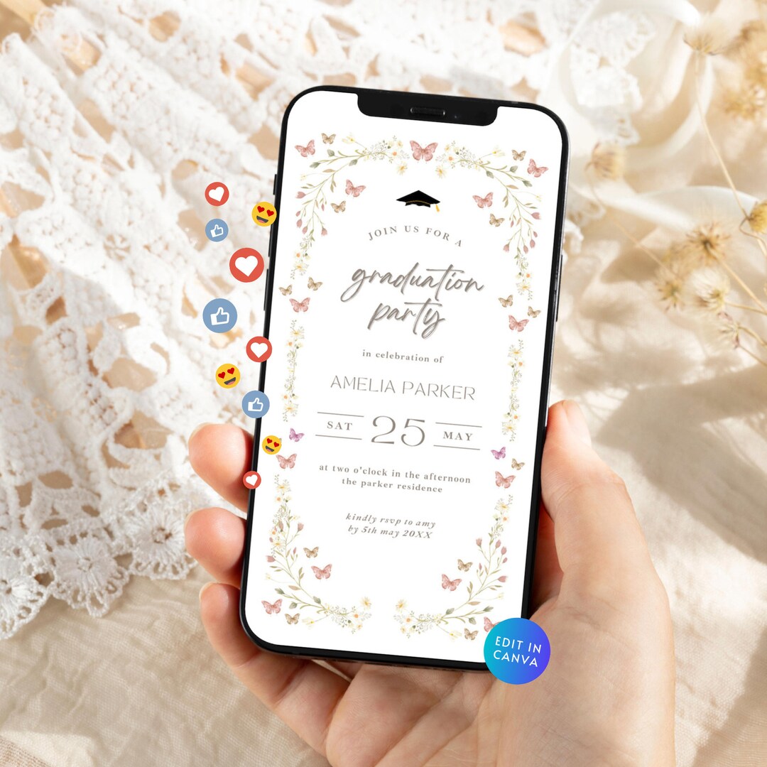 Boho Graduation Phone Invitation, Wildflower Butterfly Pink Graduate ...