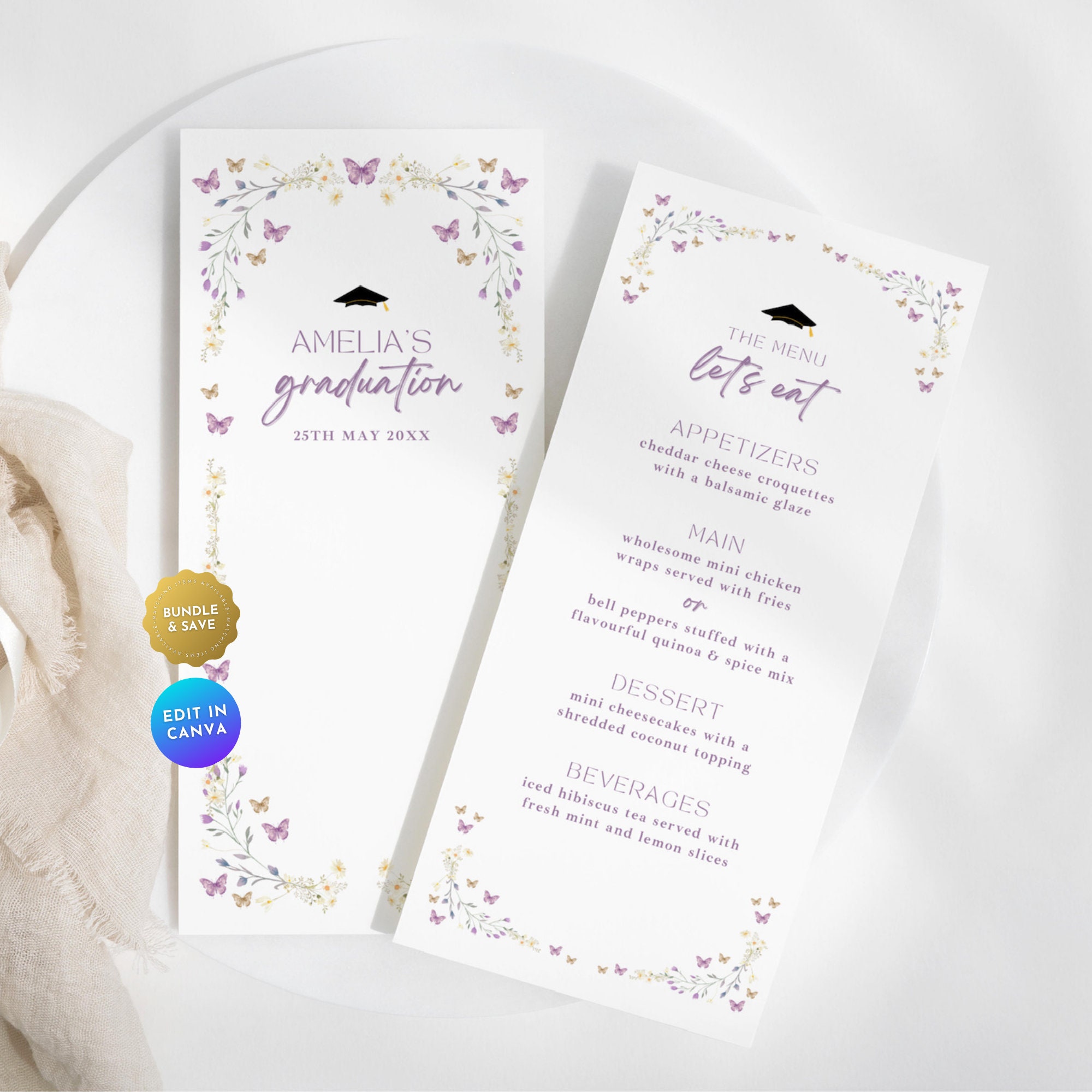 Butterfly Graduation Menu Card, Purple Graduate Dinner Menu Program ...