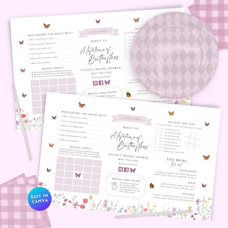 Butterfly Bridal Shower Game Menu Placemat, Purple Wildflower ...