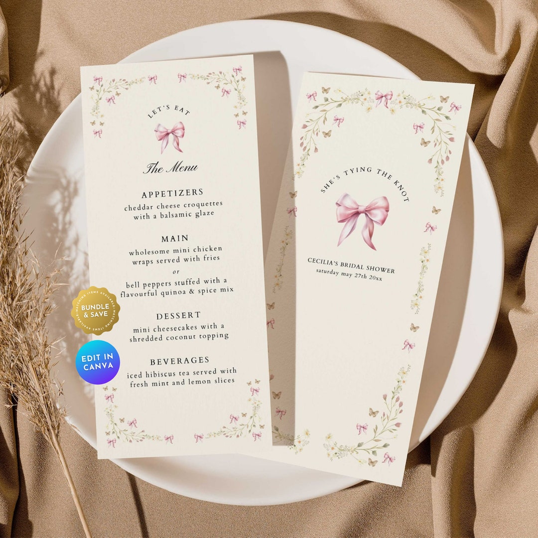 Tying the Knot Bridal Shower Menu Card, Coquette Pink Bow Bachelorette ...