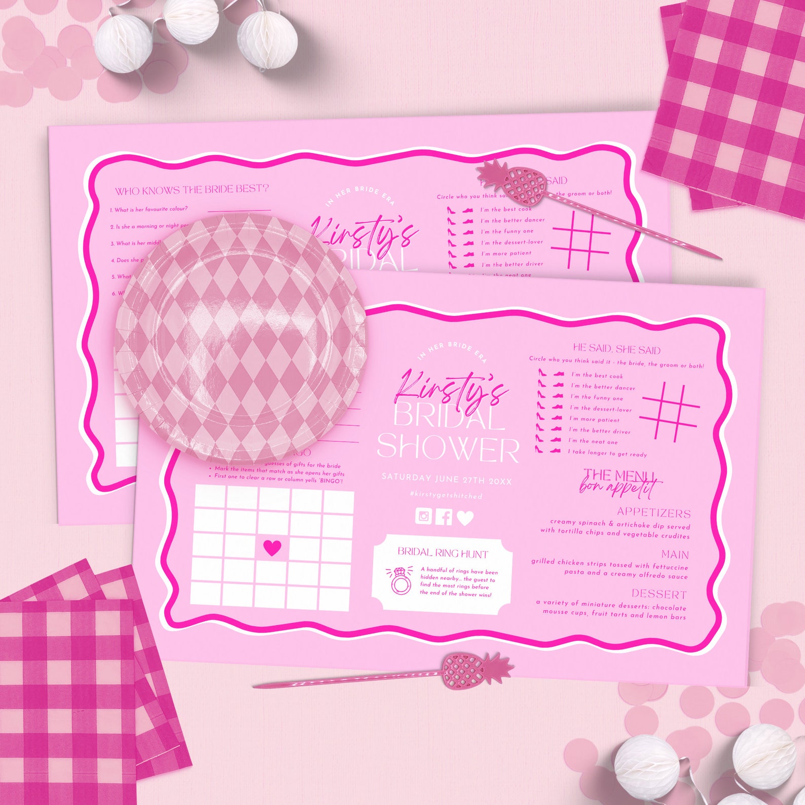 Bridal Shower Game Menu Placemat, Retro Pink Wavy Bachelorette Hen ...