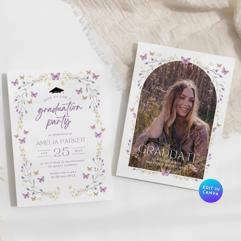 Lilac Butterfly Graduation Invitation, Photo Purple Graduate ...