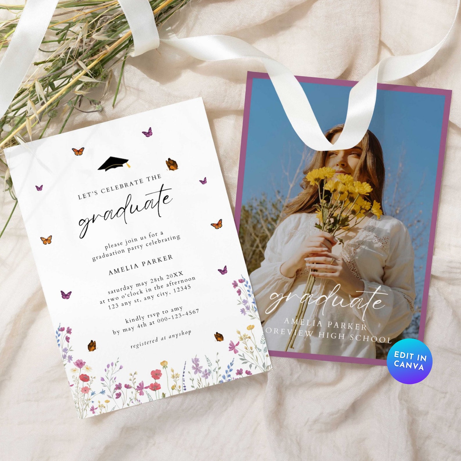 Wildflower Butterfly Graduation Invitation, DIY Photo Purple Graduate ...