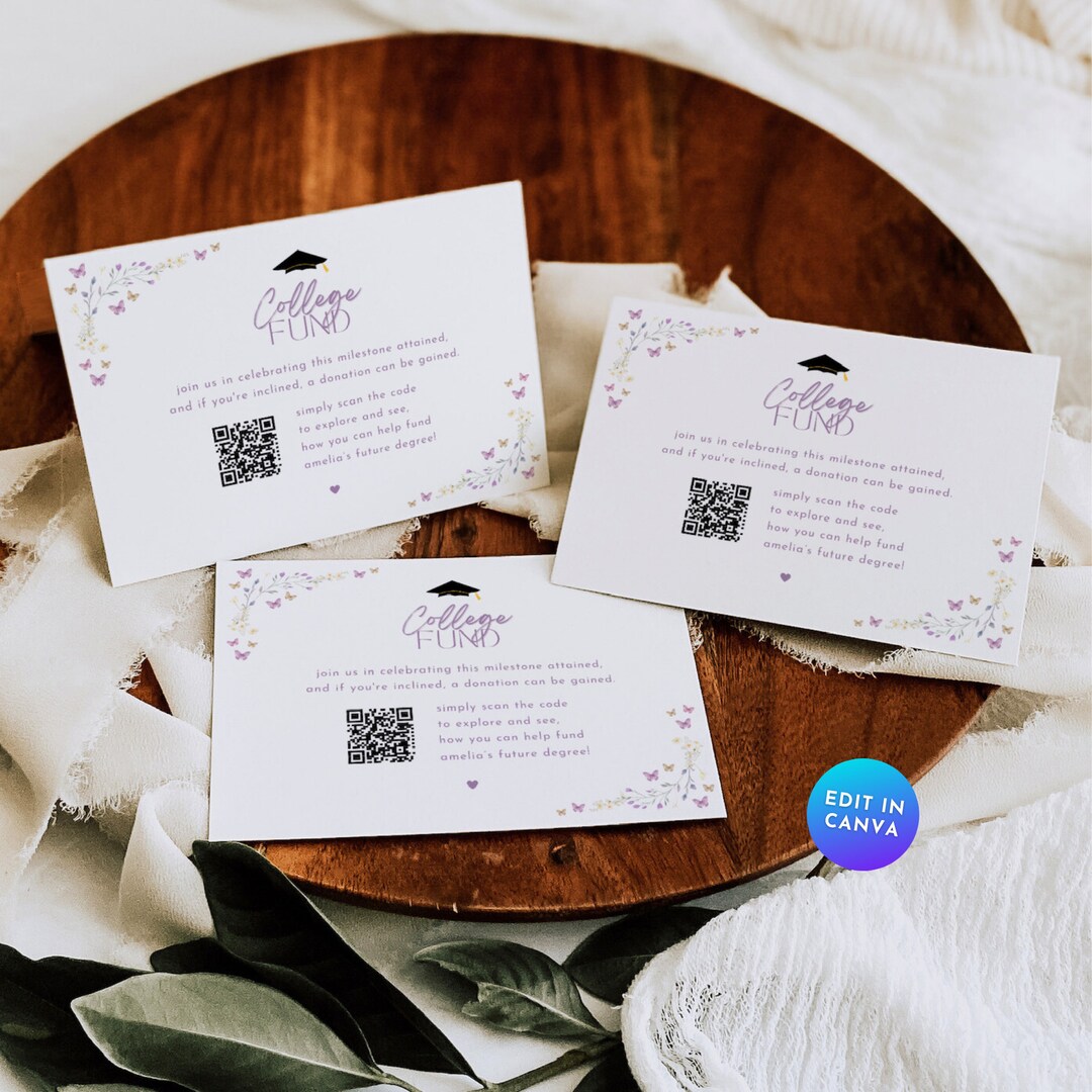 QR Code College Fund Graduation Insert, Purple Butterfly Graduate ...