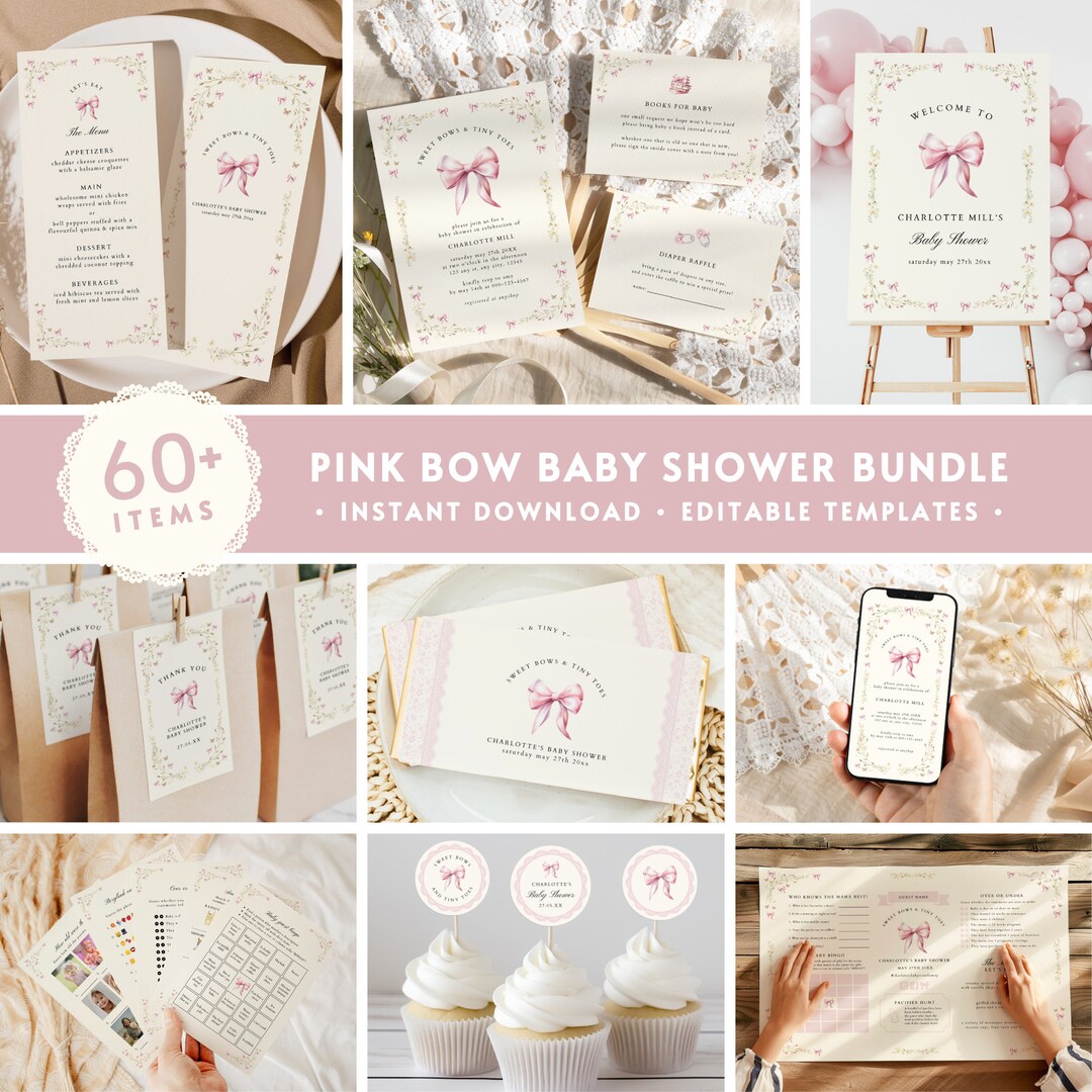 60+ Pink Bow Baby Shower BUNDLE, Editable Coquette Baby Shower Decor ...