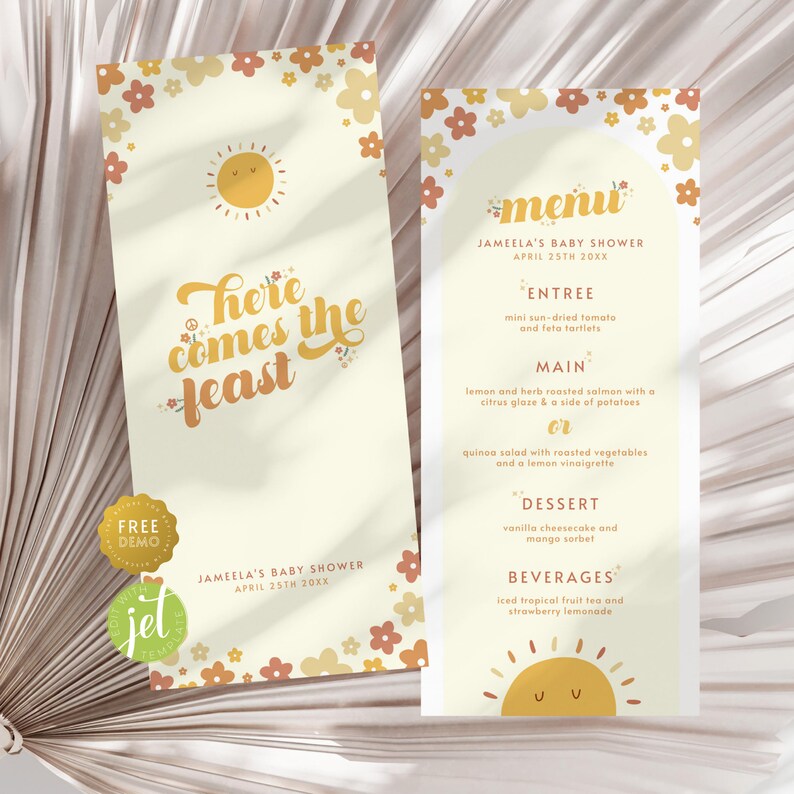 Sunshine Baby Shower Menu Card, Boho Here Comes the Sun Baby Shower ...