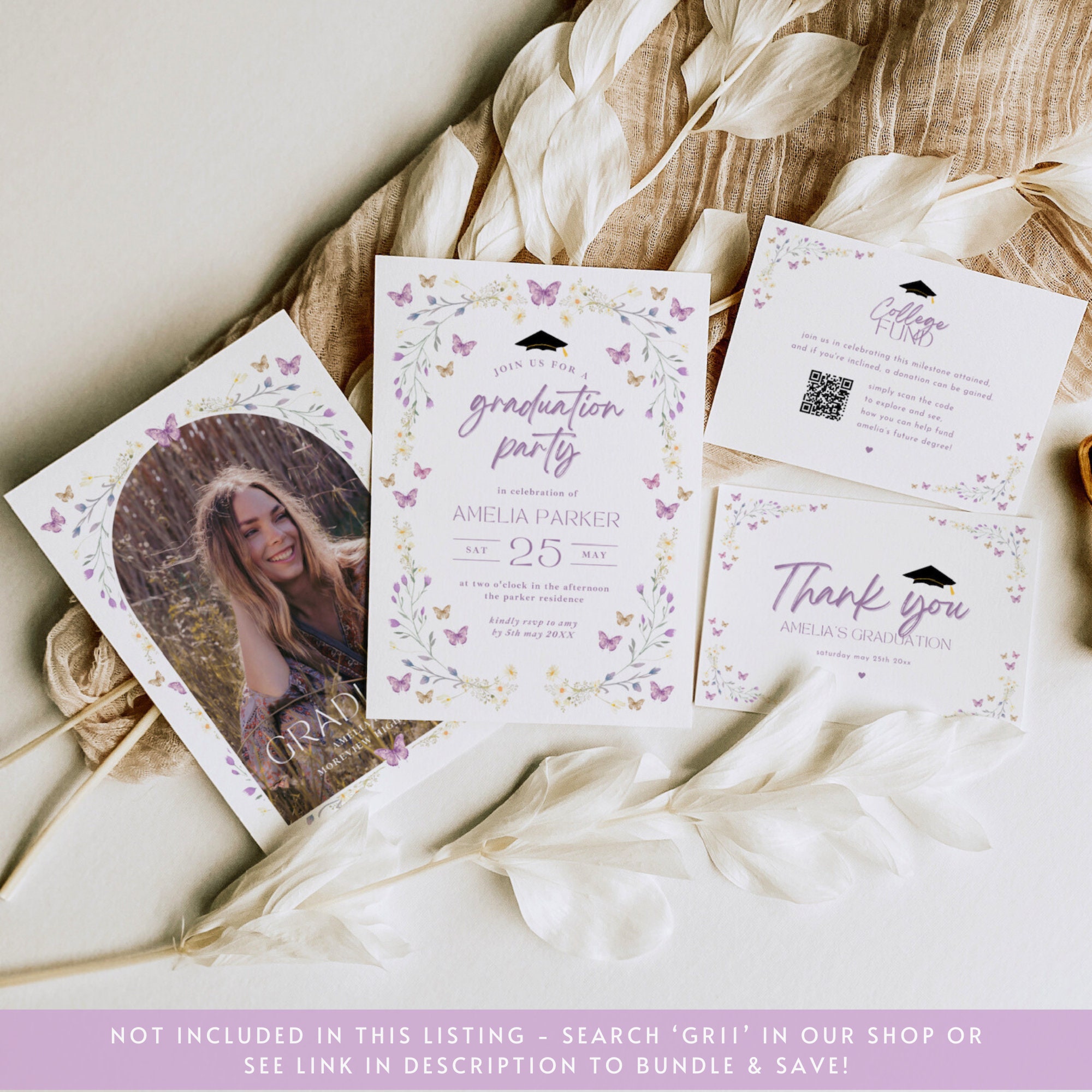 QR Code College Fund Graduation Insert, Purple Butterfly Graduate ...