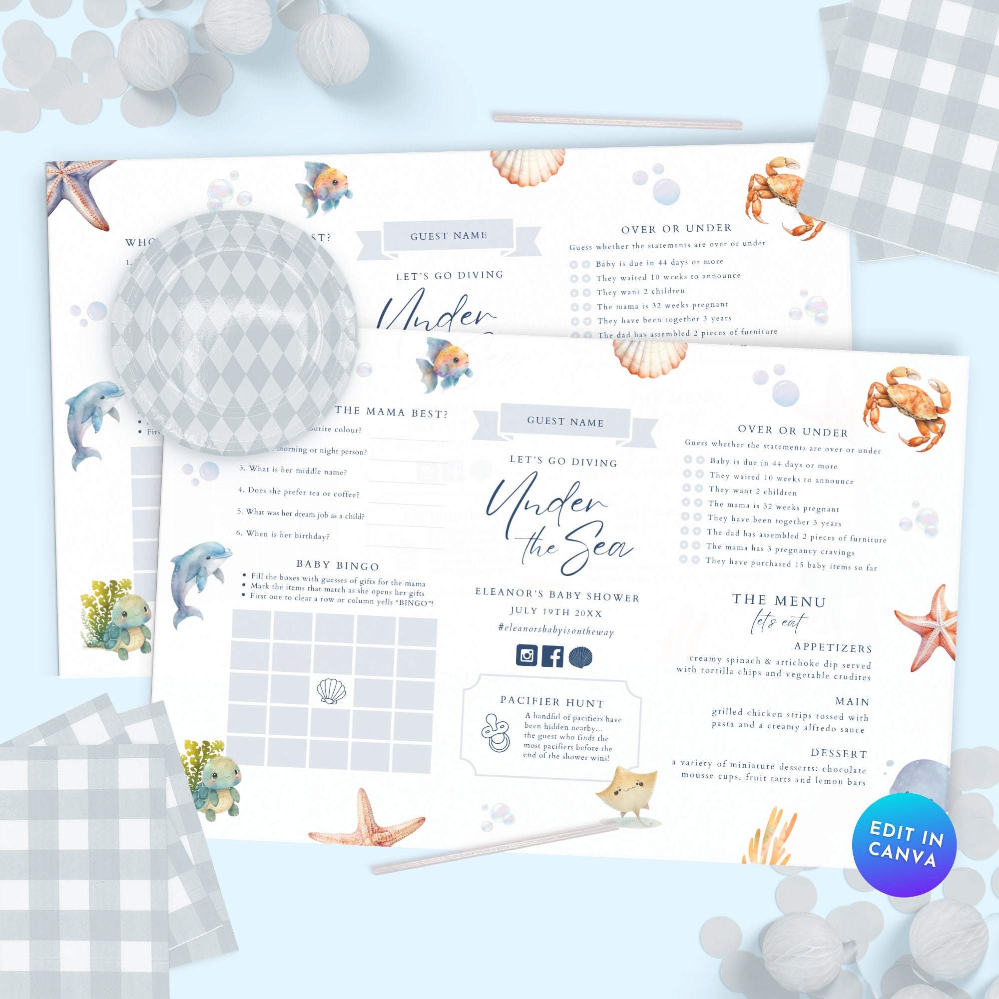 Ocean Baby Shower Game Menu Placemat,under the Sea Boy Baby Party Menu ...