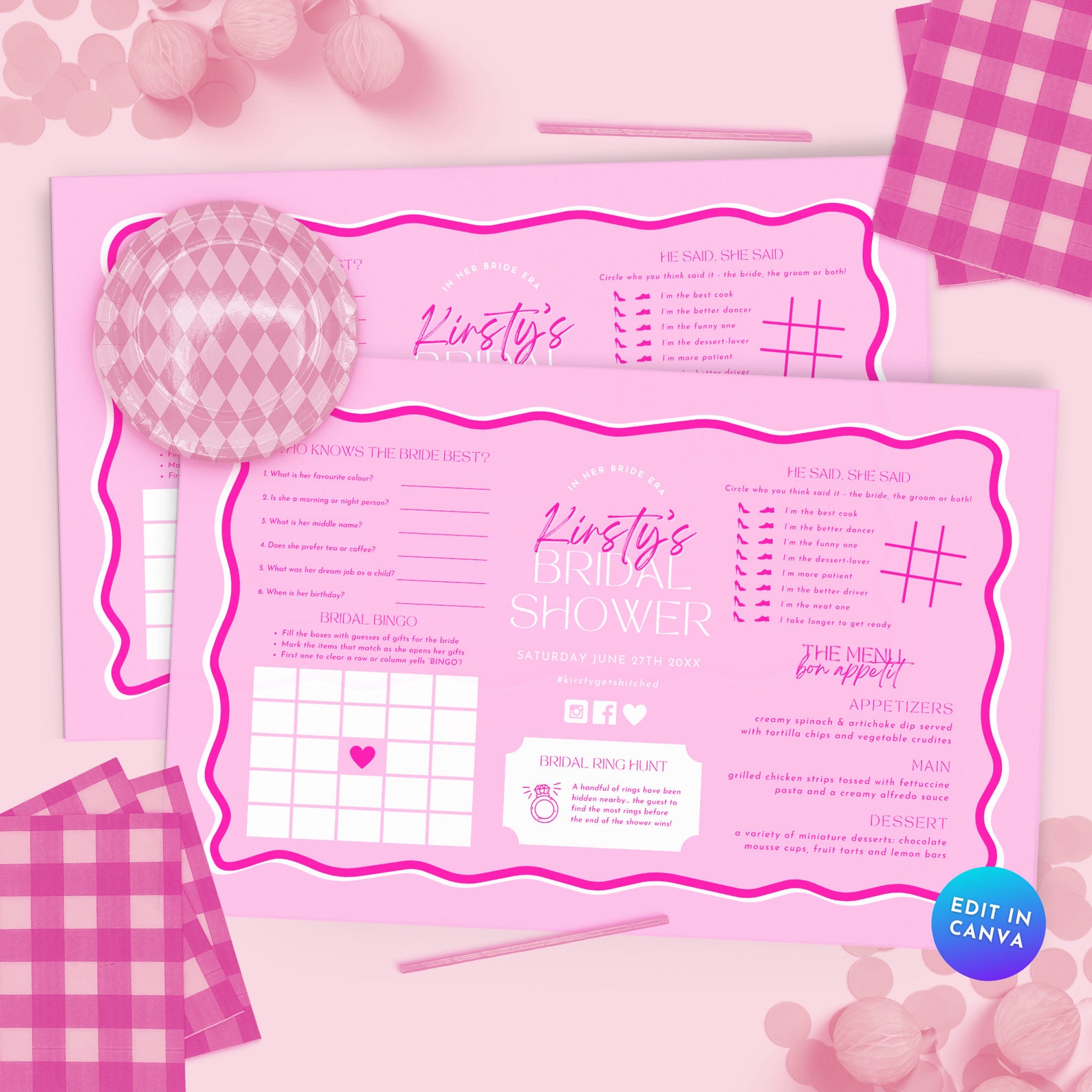 Bridal Shower Game Menu Placemat, Retro Pink Wavy Bachelorette Hen ...