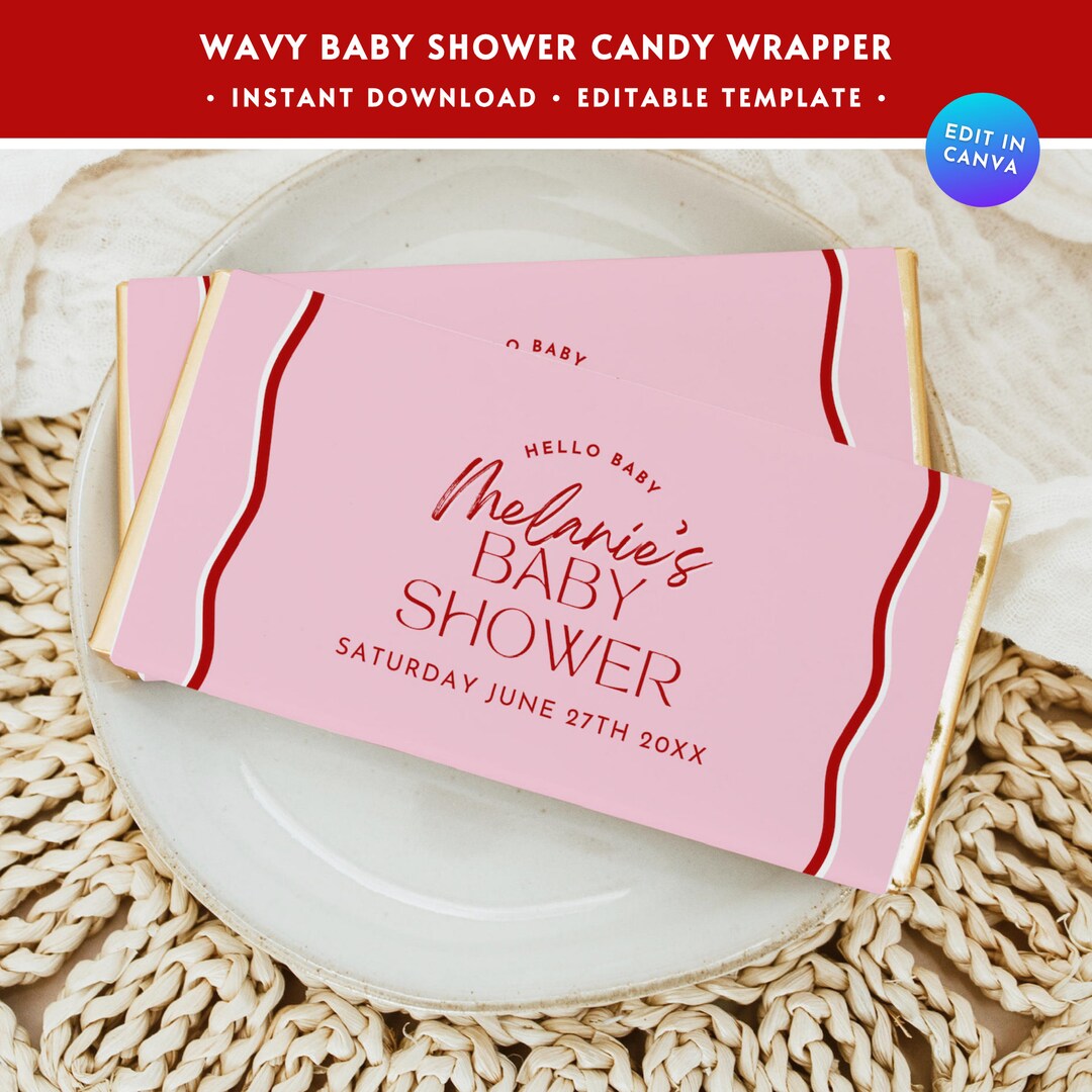 Retro Wavy Baby Shower Candy Wrapper, Editable Pink Red Wavy Border ...