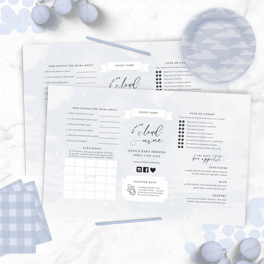 Cloud Nine Menu Placemat Game Baby Shower, Minimalist Editable We’re on ...