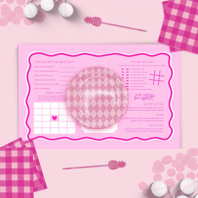 Bridal Shower Game Menu Placemat, Retro Pink Wavy Bachelorette Hen ...