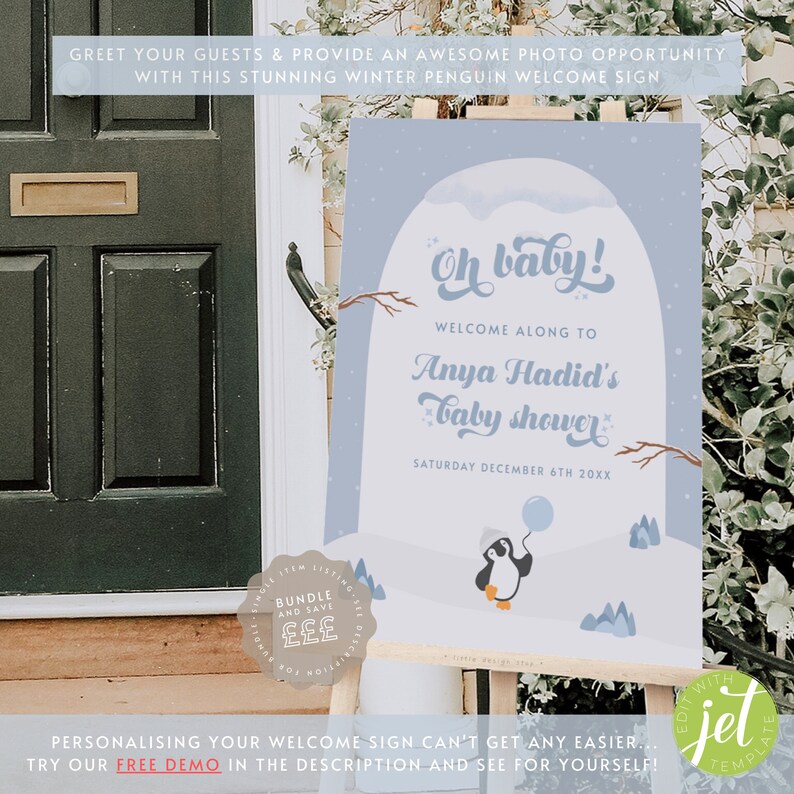 Winter Penguin Welcome Sign Baby Shower, Editable Winter Wonderland ...