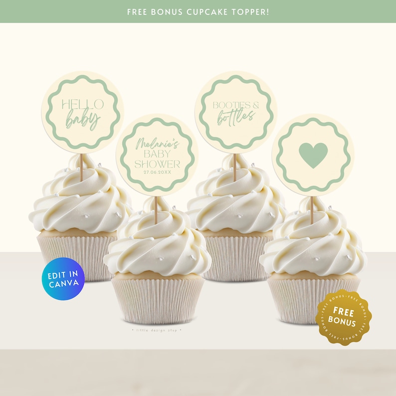 Sage Green Cupcake Toppers Baby Shower, Editable Retro Wavy Cake Label ...