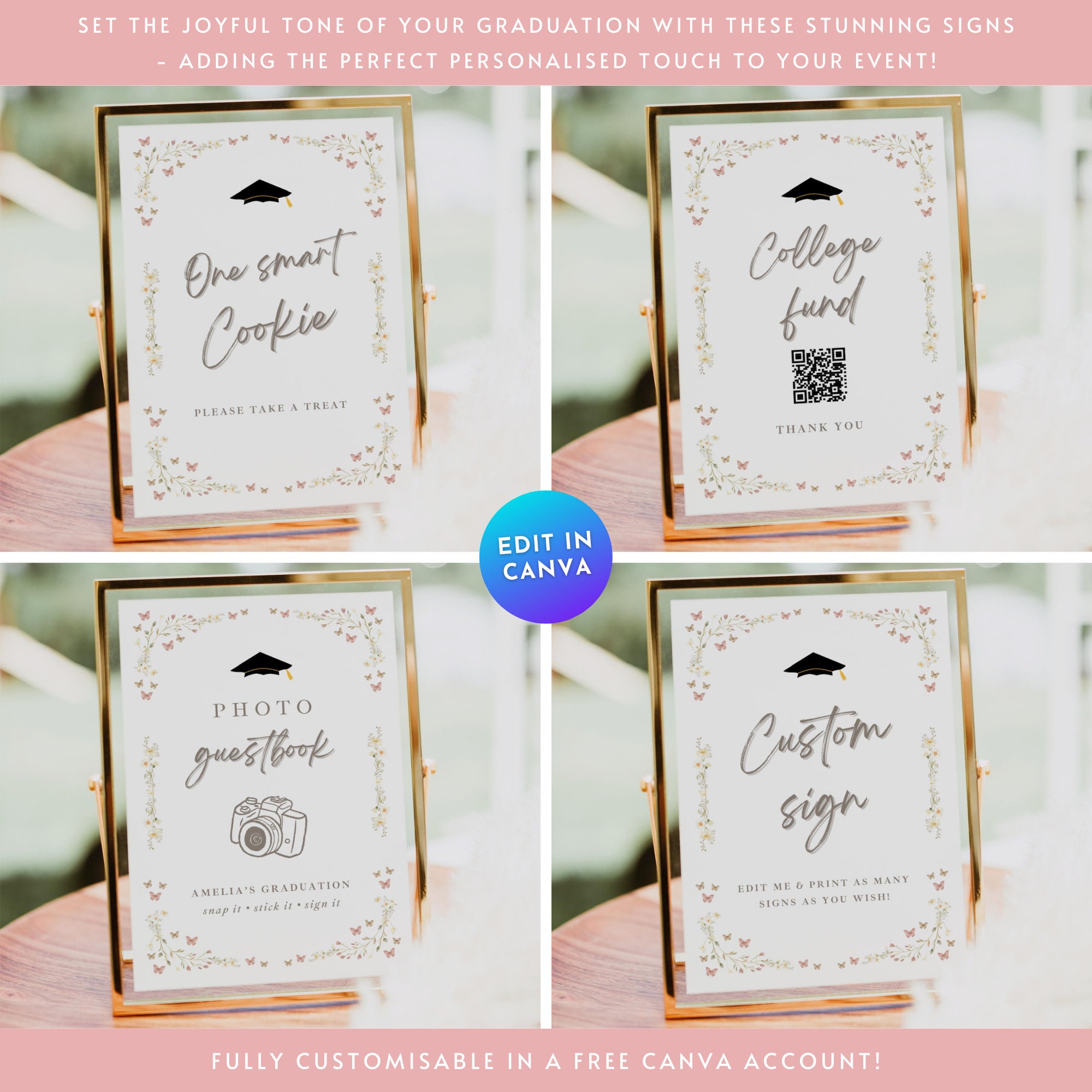 Floral Graduation Table Sign Bundle Template, Class of 2025 Boho Pink ...